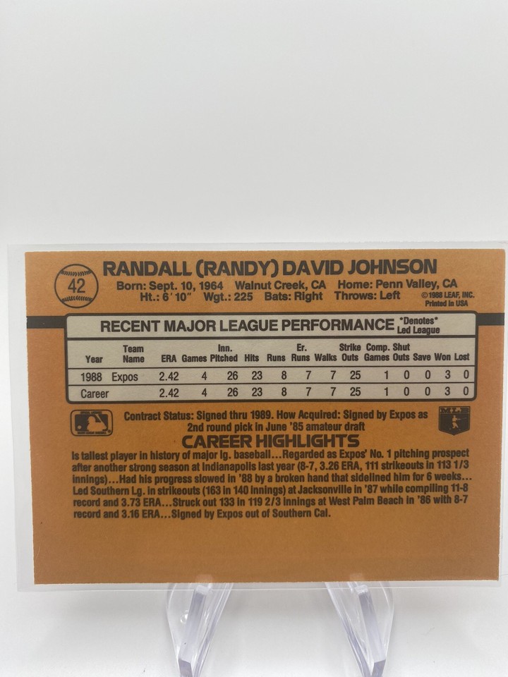 1989 Donruss Randy Johnson Rated Rookie #42 Expos Rare Double Error ...
