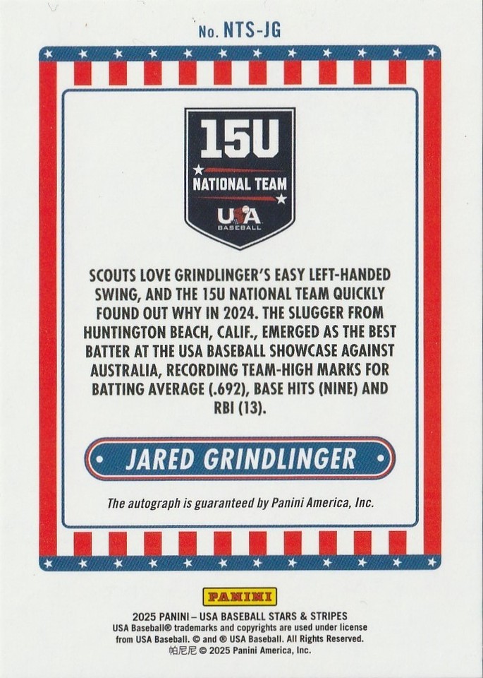 2025 Panini Stars And Stripes Jared Grindlinger Auto #NTS-JG 15U ...