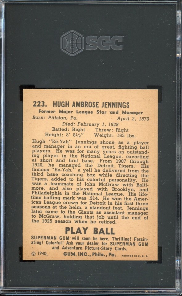 1940 Play Ball #223 Hugh Jennings SGC 2 Vintage Baseball Card | eBay