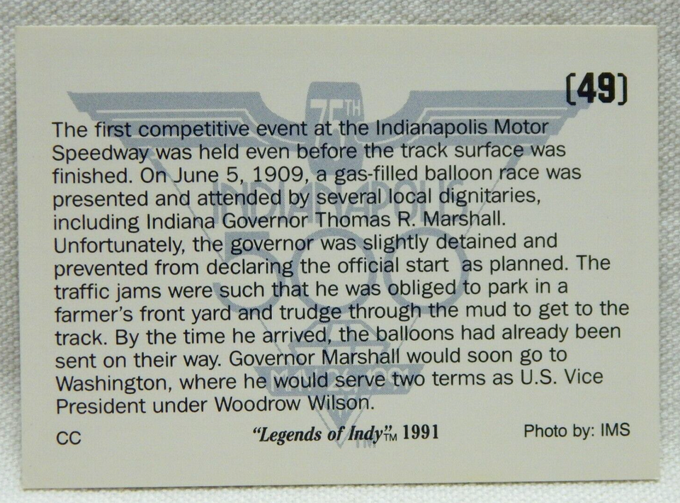 Indy 500 1909 Gas Filled Balloon Race Legends Of Indy Card 49 | eBay