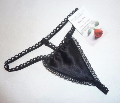 BLACK shiny SATIN mini MICRO G STRING black lace Made in France Sexy ...