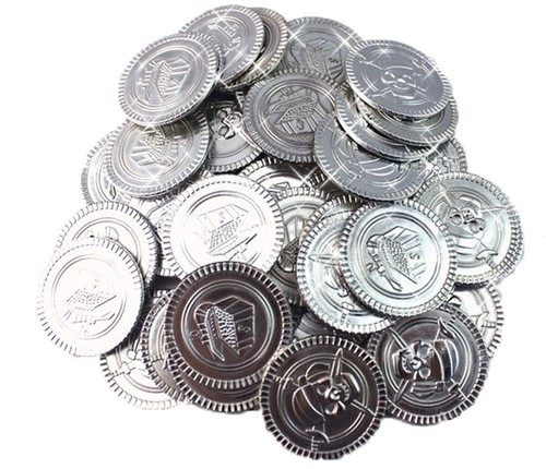 Silver Plastic Novelty Pirate Fake Coins Doubloons 100 Count for sale ...