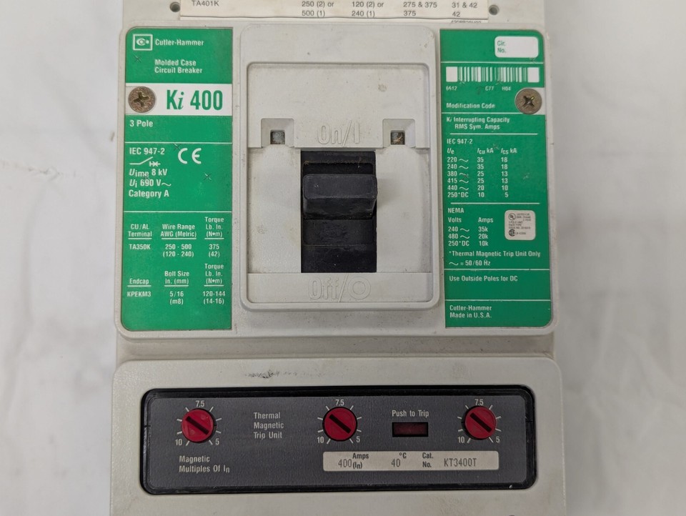 Cutler Hammer Ki400 Circuit Breaker 400A 3P 600V KT3400T - New / No Box ...