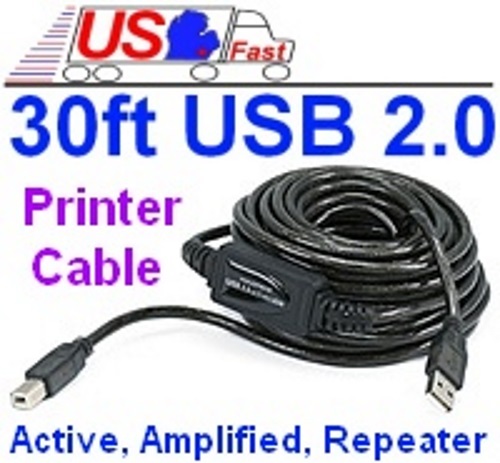 30ft Active/Amplified USB 2.0 A~B Printer/Device extra long Cable/Cord ...