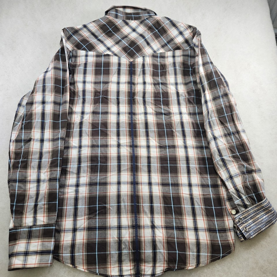 Roper Western Shirt Mens Med Brown Plaid Pearl Snap Flip Cuff Long ...