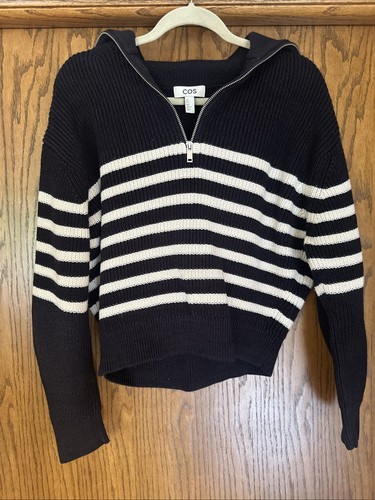 COS Half Zip Wool Cotton Blend Jumper Black White Striped Small S ...
