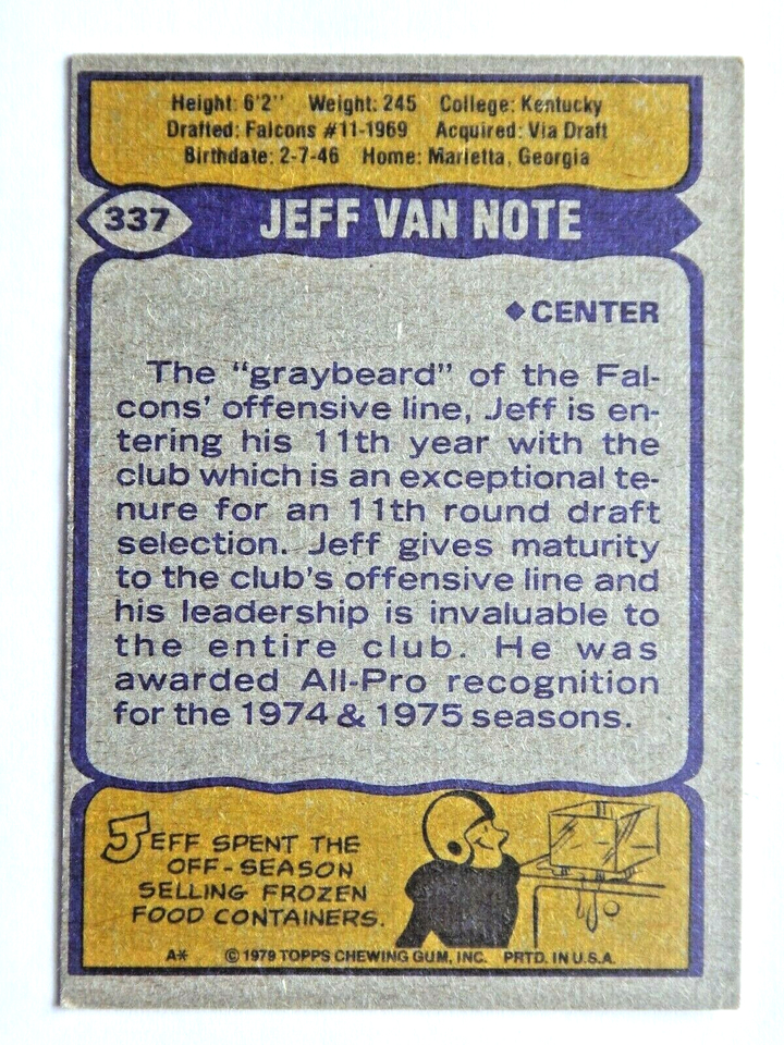 Jeff Van Note #337 Topps 1979 Football Card (Atlanta Falcons) *VG | eBay