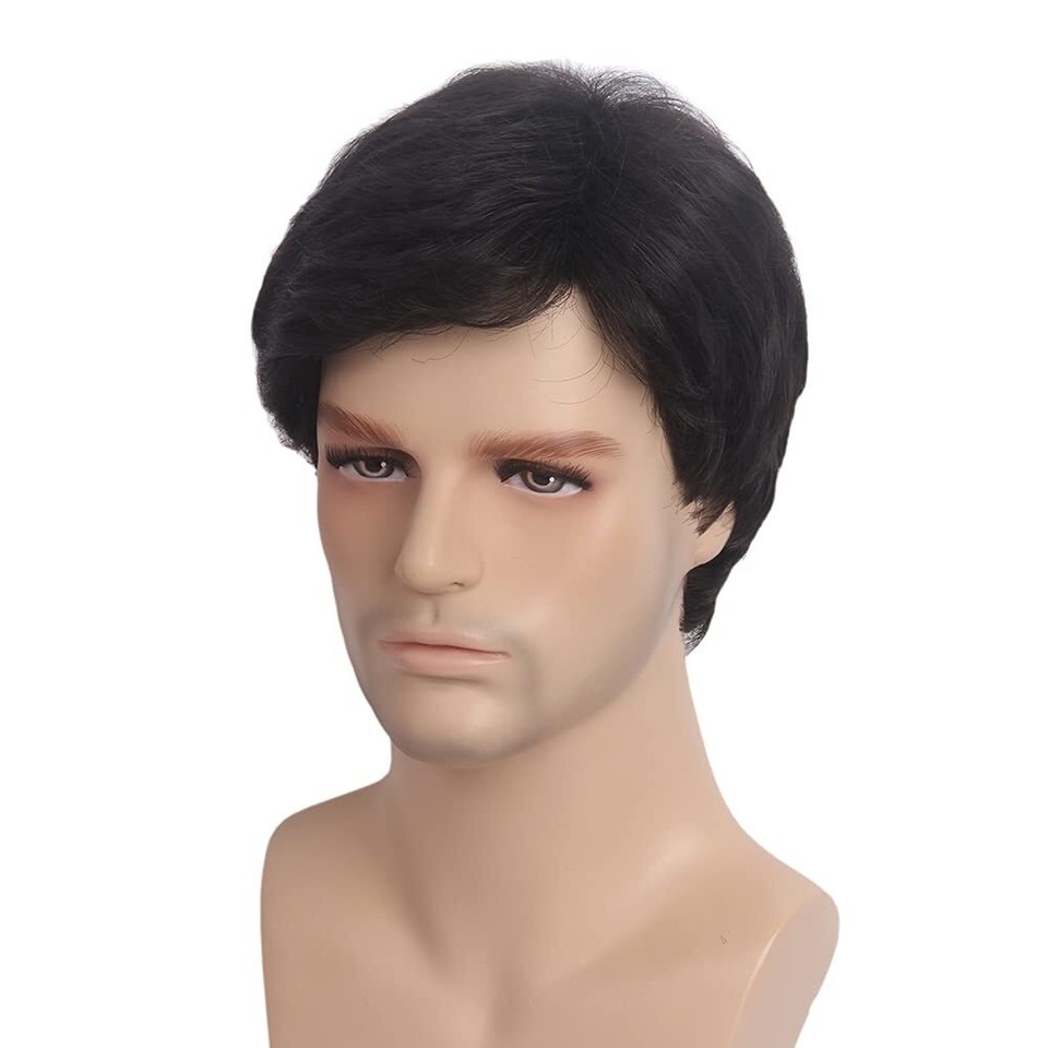 Black Men Wig Short Wigs for Mens Straight Little Wavy Synthetic Layer ...
