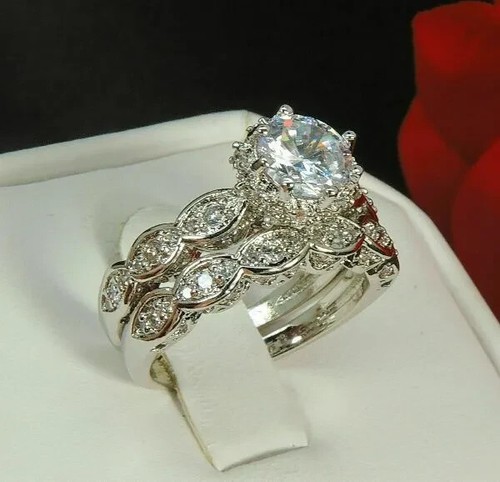 2.50Ct Round Simulated Diamond Engagement Bridal Ring Set 14K White ...