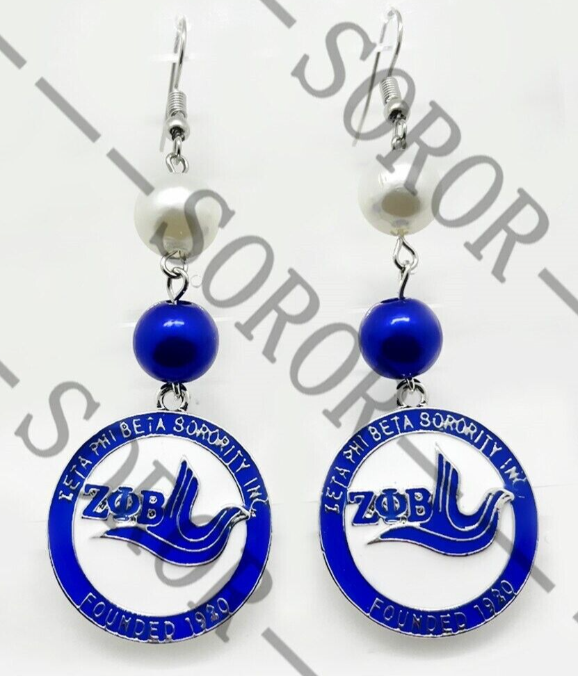 Zeta Phi Beta Royal Blue and White Pearl Dangle Fish-Hook Earrings ...