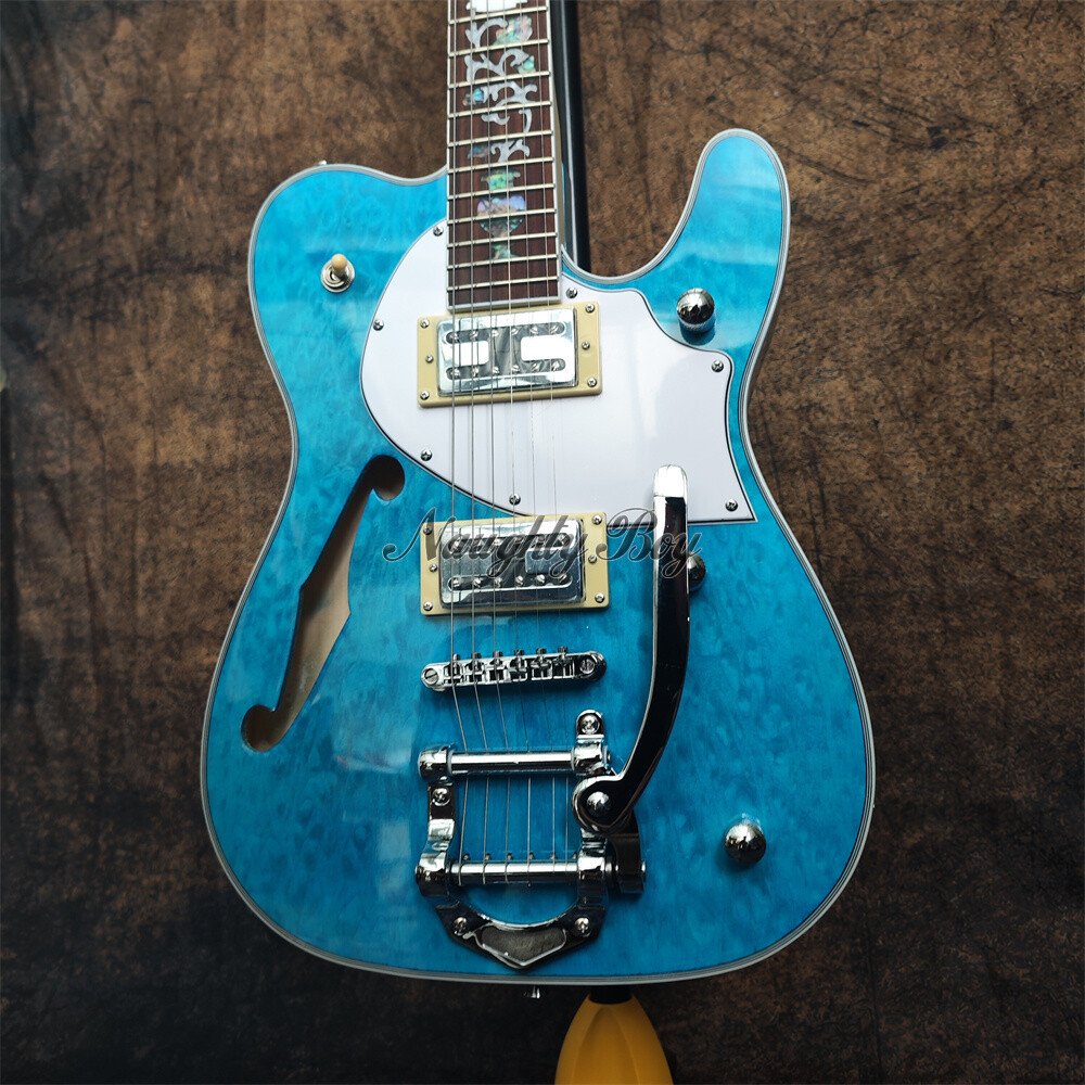 Blue Thinline TL Quilted Maple Electric Guitar Flower Inlay Semi Hollow ...