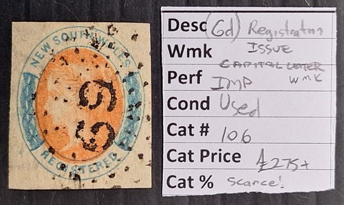1859 NSW Australia 6d Imp Orange&Prs Blue Rgstd stamp WMK Capital Ltrs ...