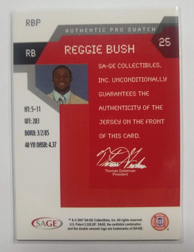 2007 Sage Hit Reggie Bush Pro Swatch Jersey Card #RBP | eBay