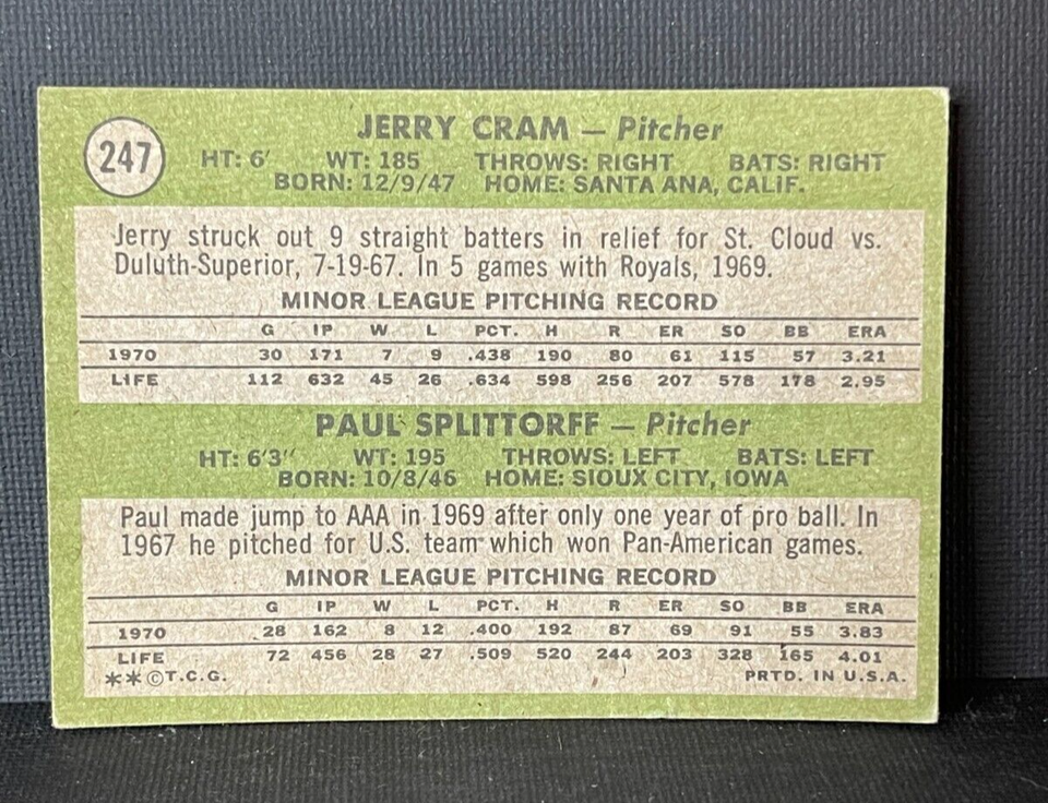 1971 TOPPS # 247 ROOKIE STARS JERRY CRAM PAUL SPLITTORFF KANSAS CITY ...