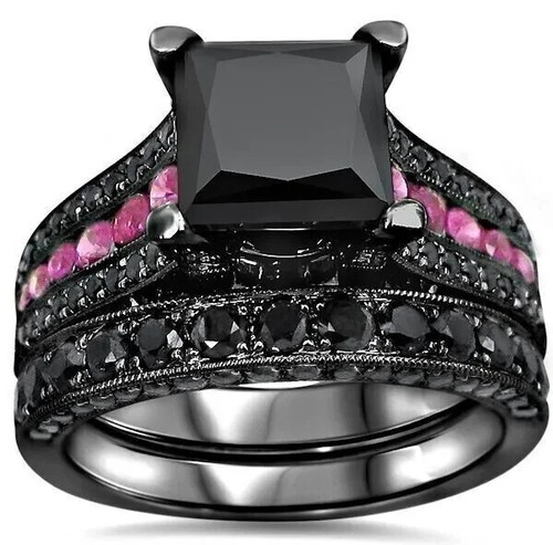 3Ct Princess Lab-Created Black Diamond Bridal Ring 14K Black Gold ...