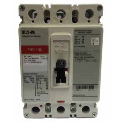 Cutler & Hammer EHD3060L 3P 60A AMP 480V-ac Circuit Breaker ...