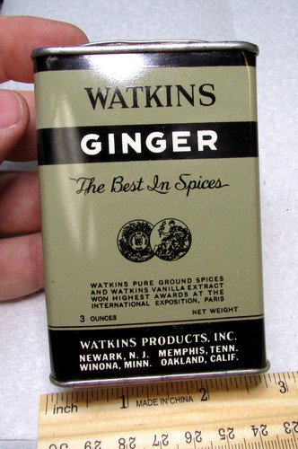vintage Watkins Ginger 3 oz spice tin, partially full, great graphics ...