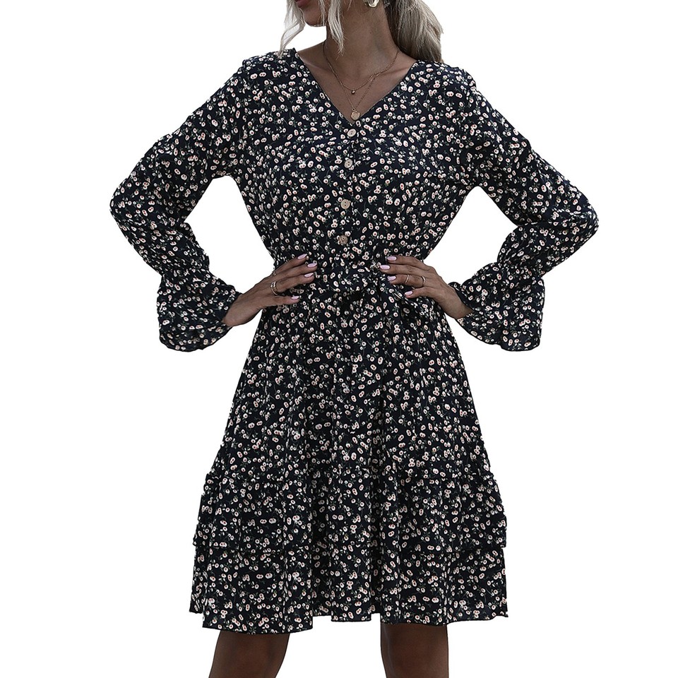 Long Sleeved Dress V Neck Floral Pattern Tie Up Design Single Breasted ...