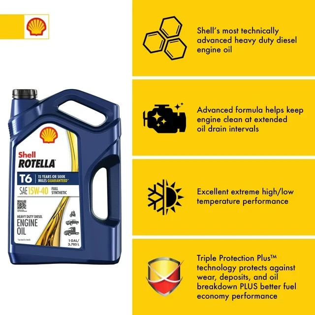 Shell Rotella T6 Full Synthetic 15W-40 Diesel Engine Oil, 1 Gallon, 3 ...