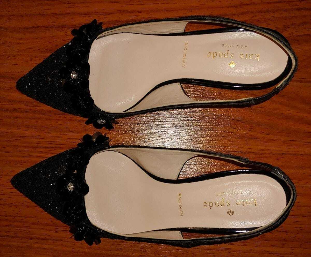 NEW KATE SPADE - Made In Italy - OLIMA Slingback Black Glitter Pumps Sz ...