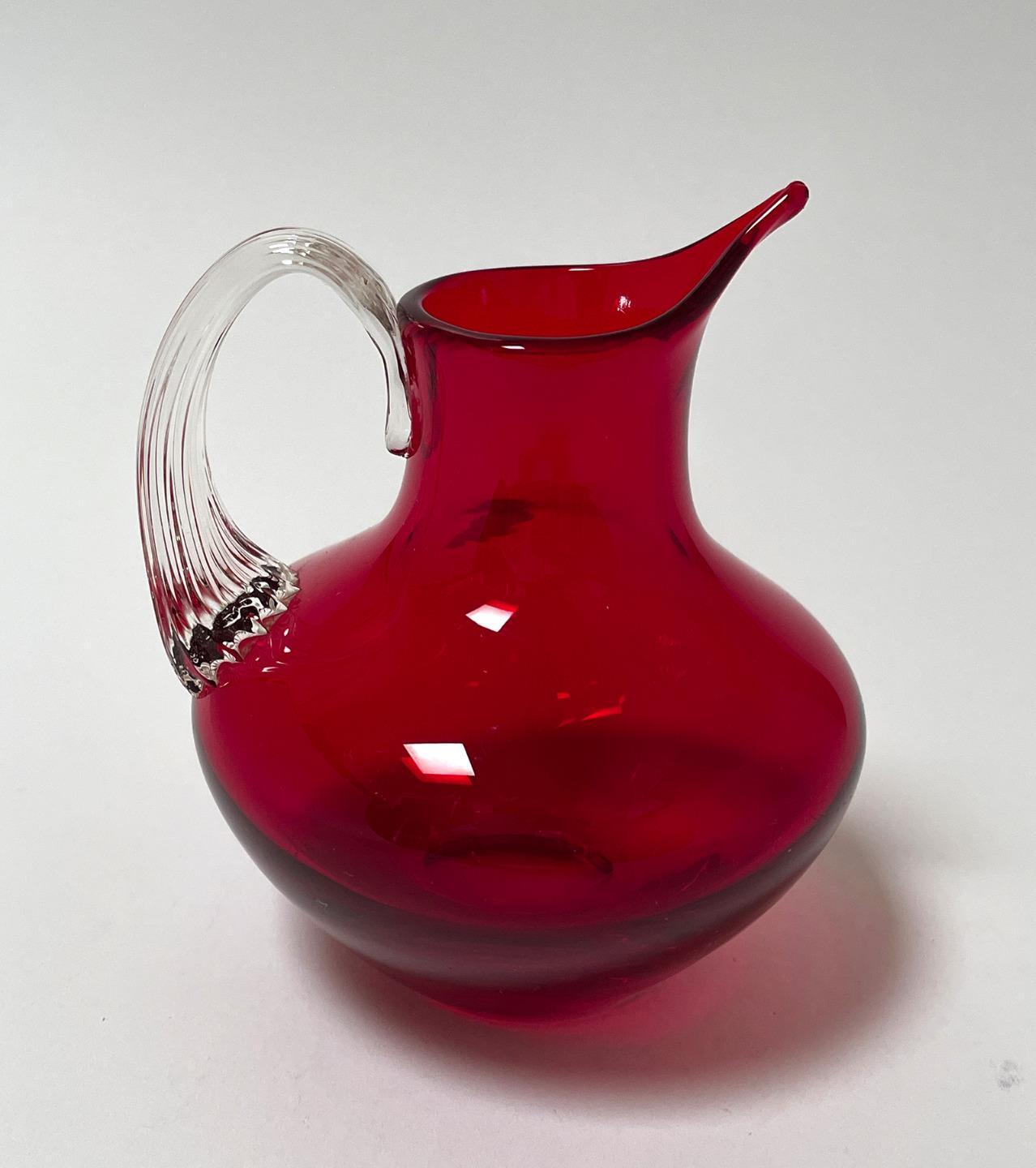 VINTAGE WHITEFRIARS ENGLAND RUBY RED ART GLASS SPARROW BEAK JUG WITH ...