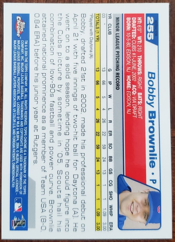 2004 TOPPS CHROME BOBBY BROWNLIE REFRACTOR ROOKIE CHICAGO CUBS CARD ...