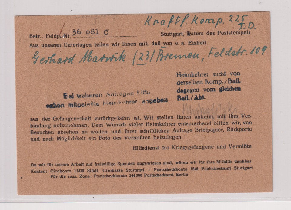 KGF-Stuttgart - Schwarzenberg, 7.3.45 (Last Message) | eBay