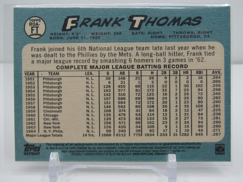 FRANK THOMAS 2014 TOPPS HERITAGE REAL ONE AUTOGRAPH AUTO- PHILLIES!! | eBay