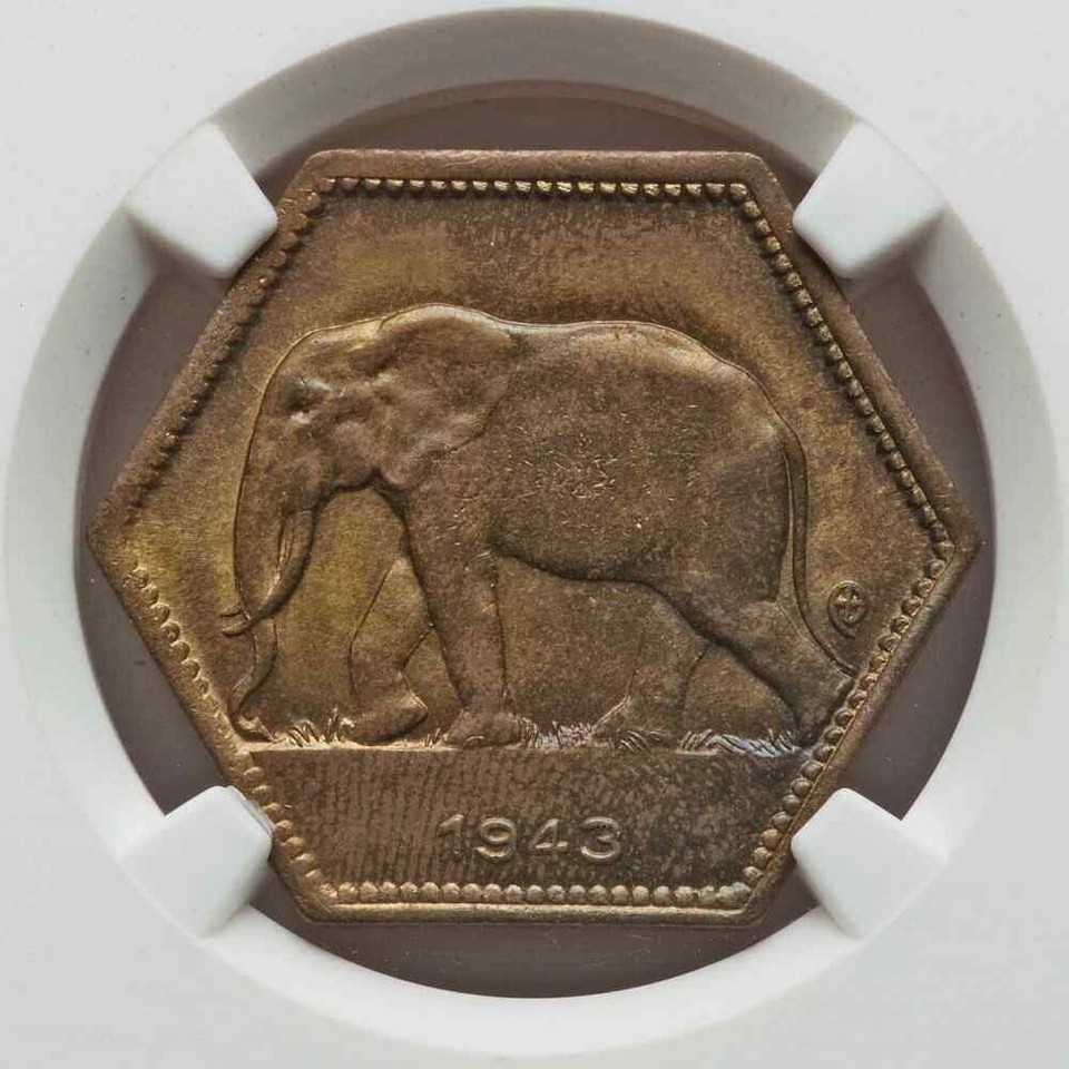 1943 Two Francs Brass Hexagonal Coin Belgian Congo Elephant Moving Left ...
