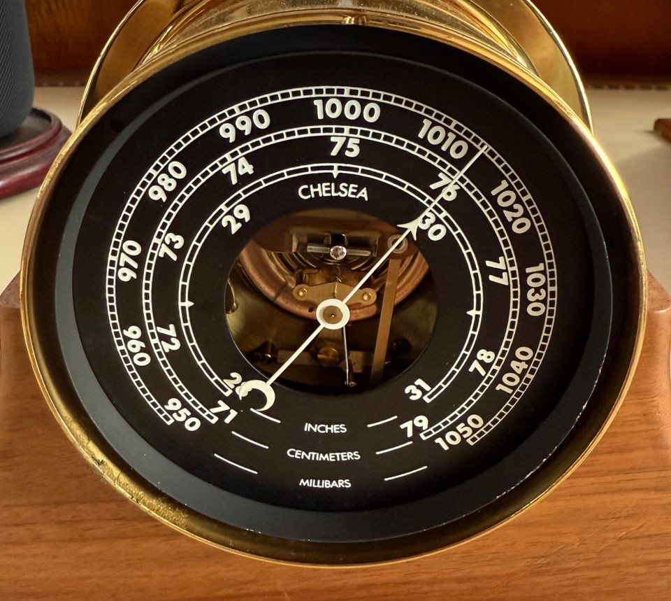 CHELSEA 4 1/2 INCH DIAL HEAVY BRASS SHIPS BAROMETER ON A CHELSEA ...