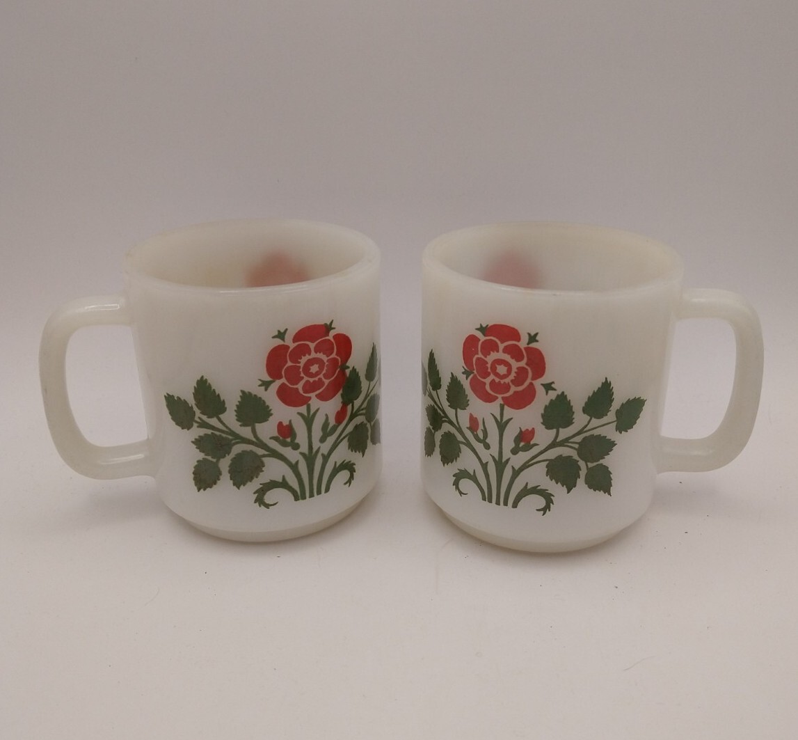 TWO Vintage GLASBAKE Stackable Milk Glass Mugs Red Flower Green Leaves ...