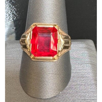 MENS ART DECO YELLOW GOLD AND LAB-CREATED RUBY SIGNET RING SIZE 10.25 ...