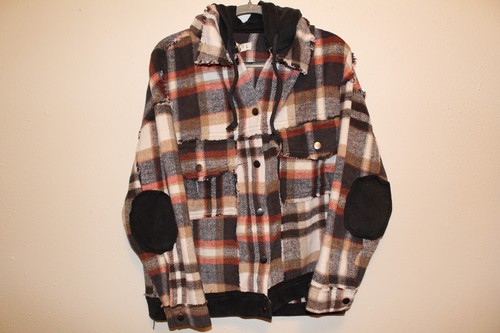 POL Womens Oversized Flannel Hooded Shacket Jacket with elbow patches ...