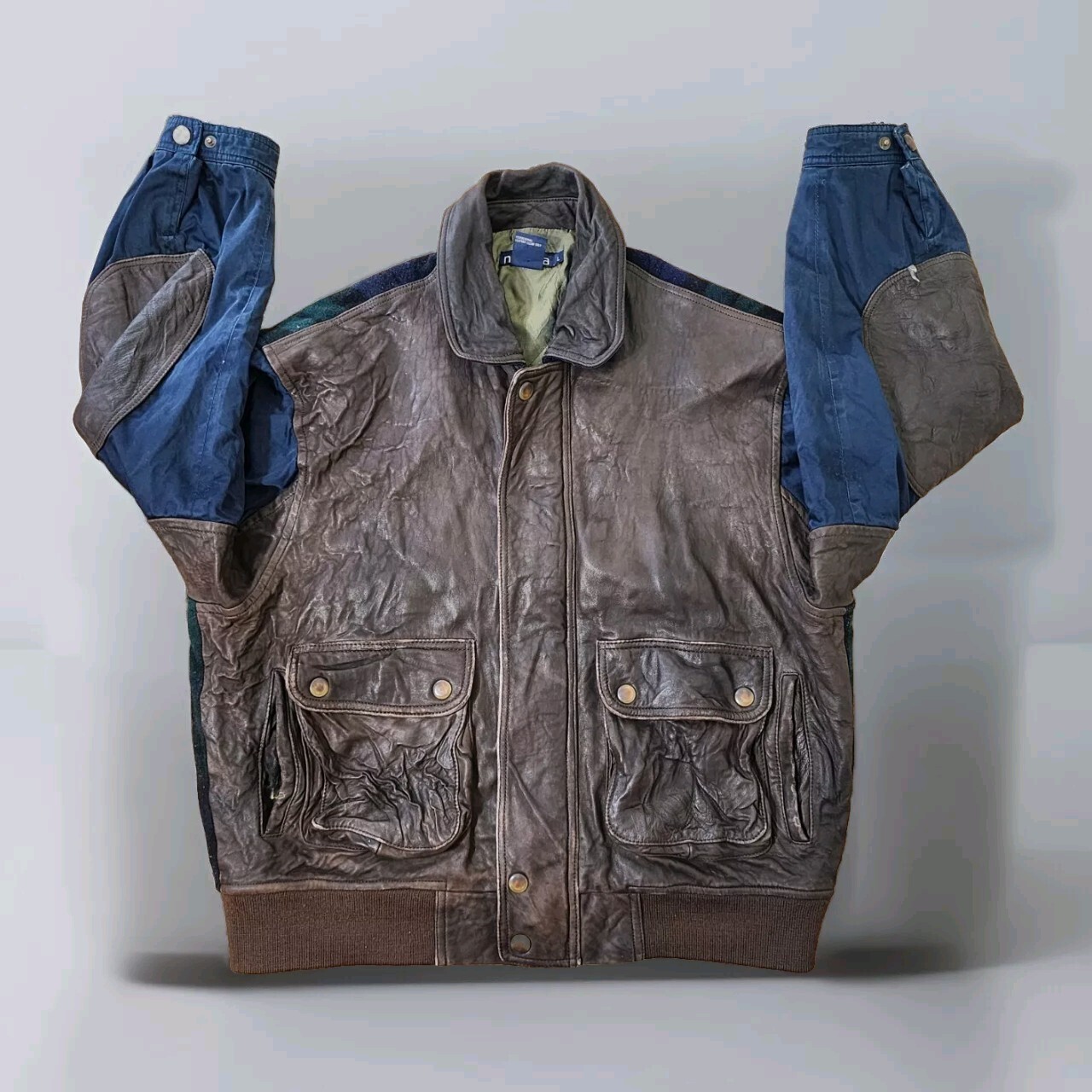 Vintage Nautica Leather Jacket 90's Y2K Quilted Plaid… - Gem