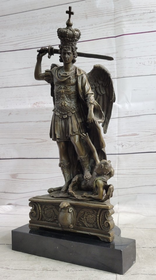 Sign Roche St Michael Slaying Lucifer Bronze Marble Base Sculpture ...