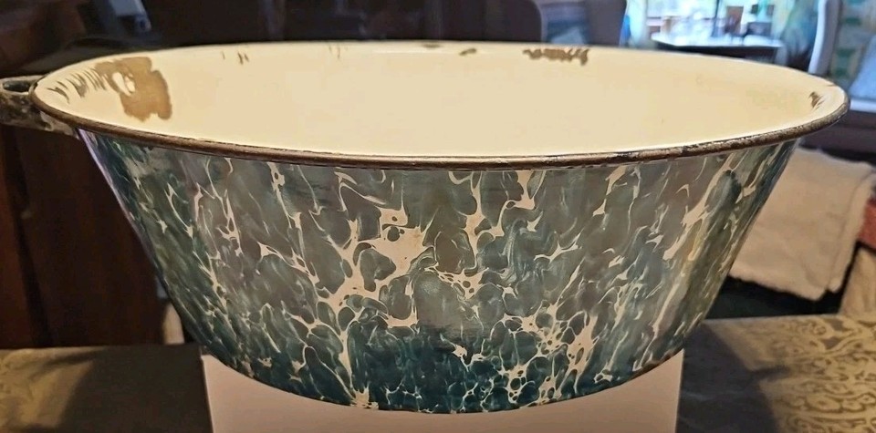 ANTIQUE VERY LARGE TURQUOISE AQUA BLUE GRANITEWARE ENAMELWARE WASH ...