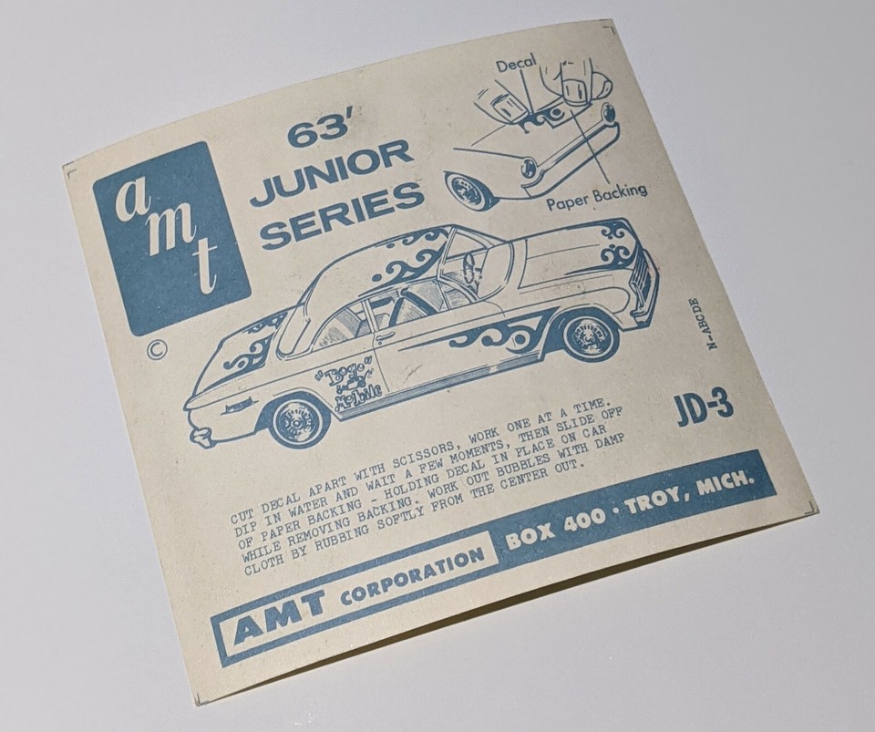 Vintage DECAL SHEET FOR AMT junior series 1963 Chevy Corvair 63 model ...