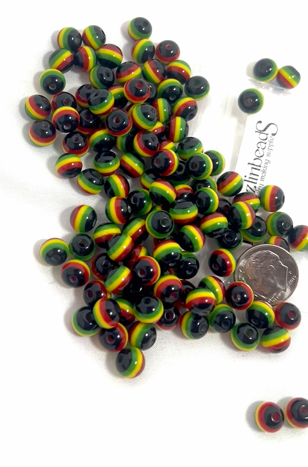 50 Green, Gold Yellow, Red 8mm Round Jamaica Rastafarian Flag Beads ...