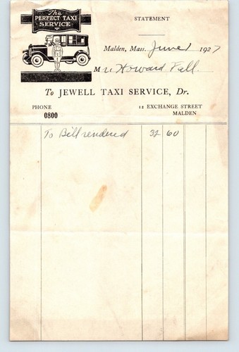 billhead PERFECT TAXI SERVICE STATEMENT Malden, MA 1927 jewell | eBay