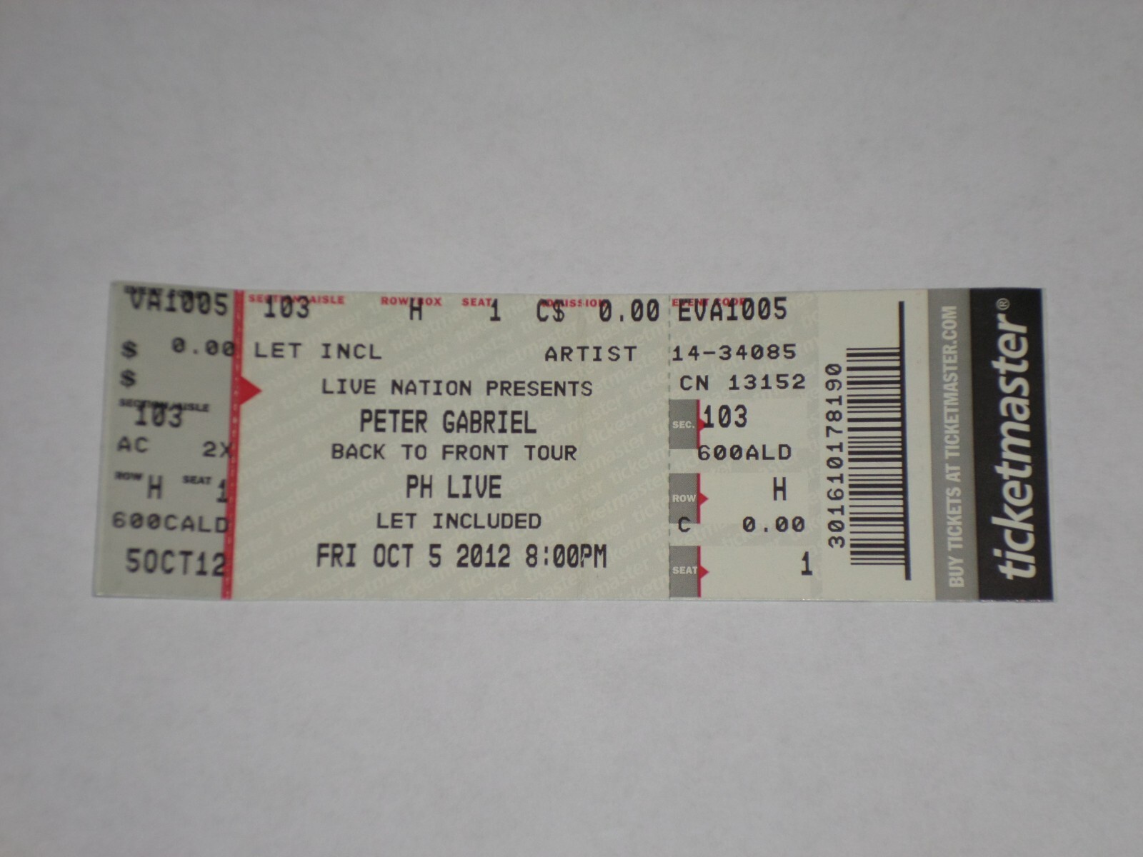 Peter Gabriel Ticket Stub-2012-"In Your Eyes"-Planet Hollywood-Las ...