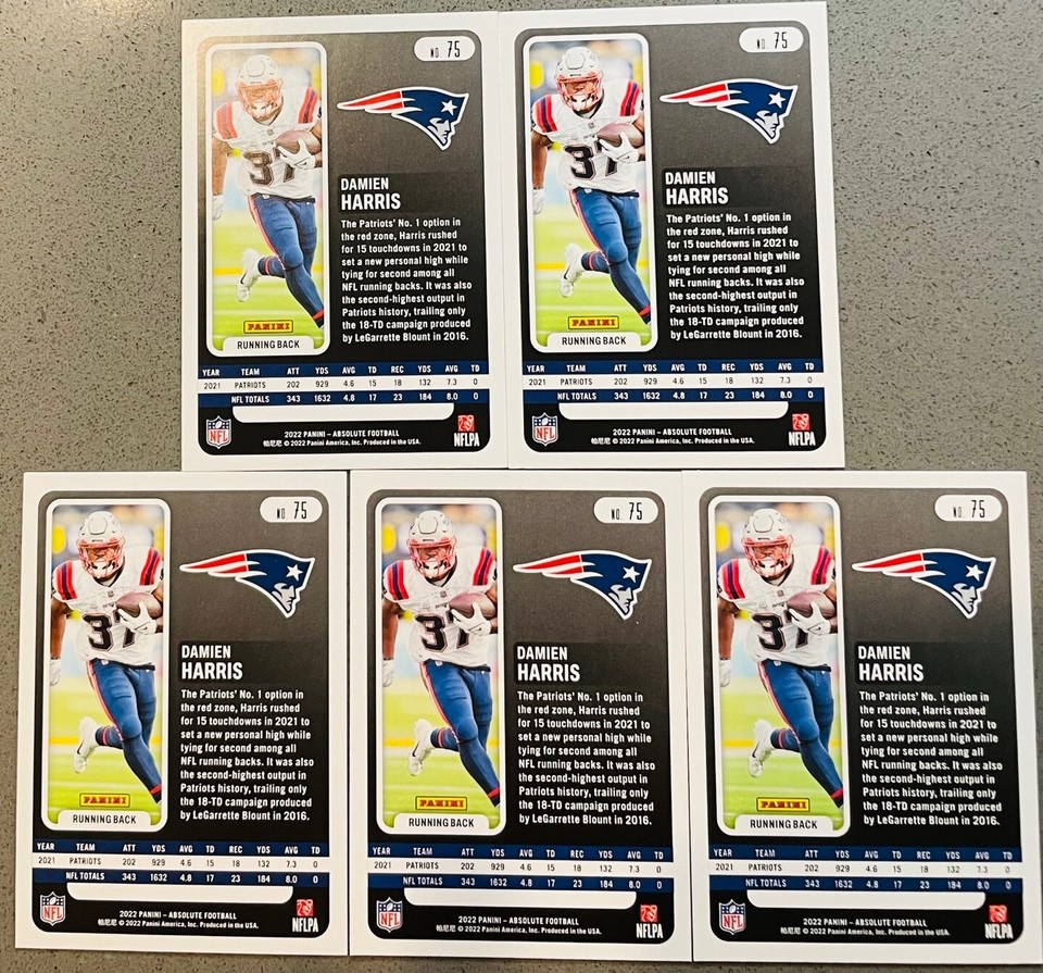 5x Lot 2022 Panini Absolute Football NFL #75 Damien Harris Base Card ...