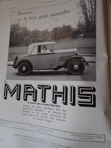automobile MATHIS 3 + FRIGELUX publicité papier ILLUSTRATION 1931 col ...