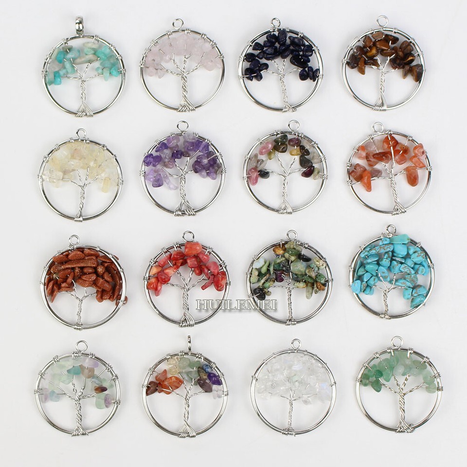 16pcs Natural Stone Gemstone Tree of Life Pendants Reiki Chakra Healing ...