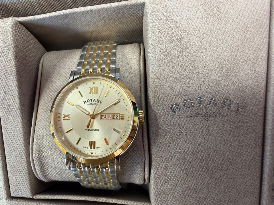 Brand new Gents Rotary Windsor day-date ,two tone Plated Watch GB05301 ...
