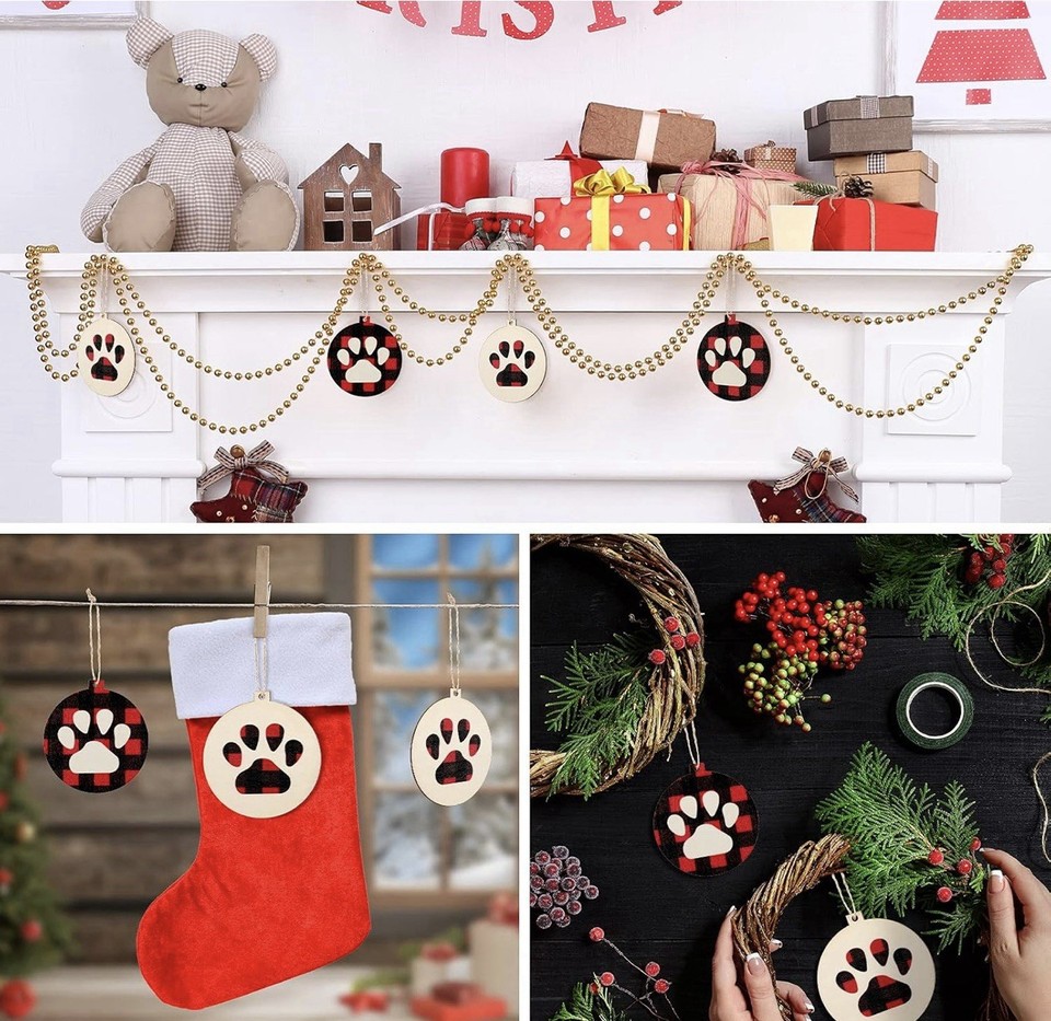 30 Pcs Wooden Dog Paw Ornaments - Buffalo Plaid Paw Print Xmas Tree ...