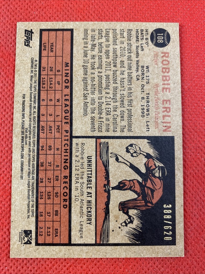 2011 Topps Heritage Minors Blue Tint #108 Robbie Erlin/620 Auto Signed ...