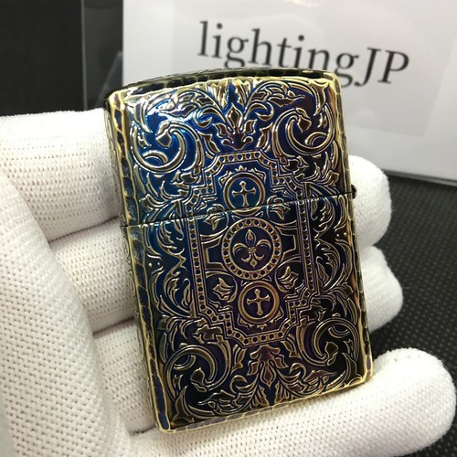 Zippo Armor Case 5 Sides Arabesque Cross Engraved Antique Brass Lighter ...