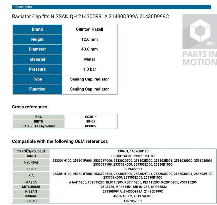 Genuine Engine Coolant Cap for Nissan NAVARA D40 Pathfinder R51 for ...