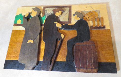 Vintage Walsh Crafts Puckane Wood 3D Plaque Men at Pub, Ireland 11.5" x ...