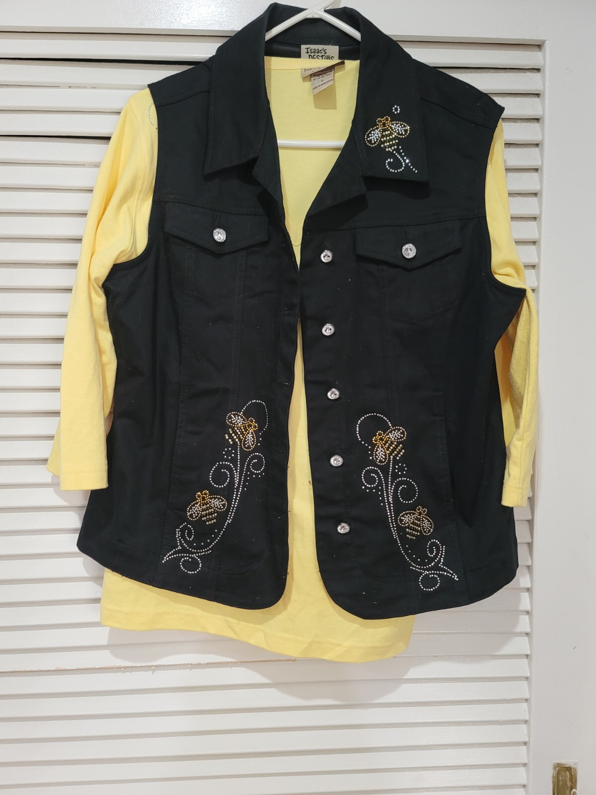 Isaacs Designs Womans Black Rhinestones Button Up Vest Jacket bumble ...
